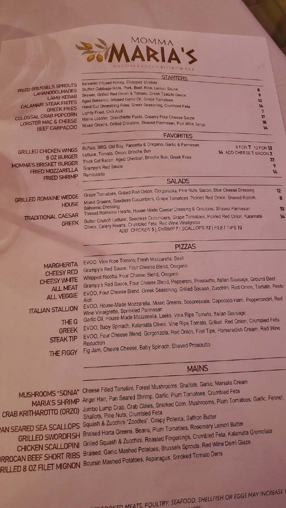Menu at Momma Maria's pizzeria, Trappe
