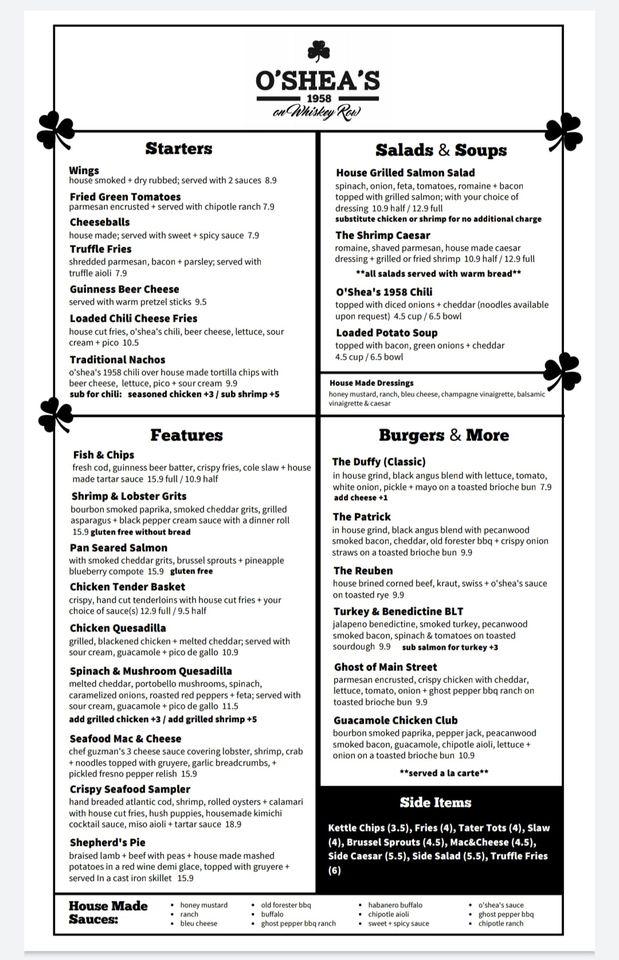 Menu at Patrick O'Shea's pub & bar, Louisville