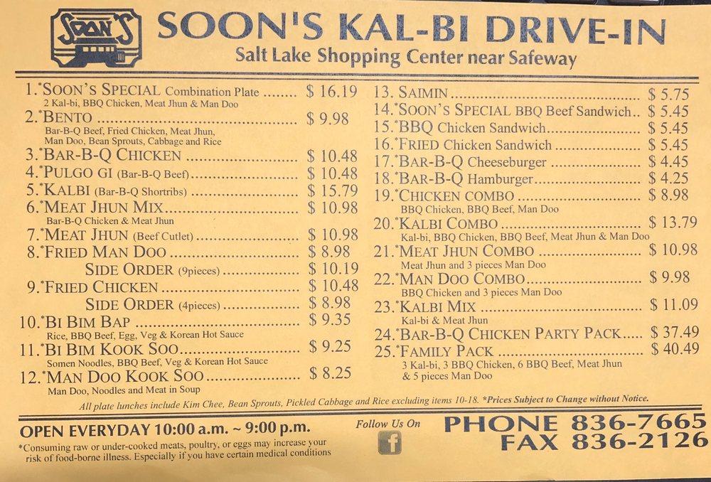 Menu at Soon's Kal Bi Drive In BBQ, Honolulu