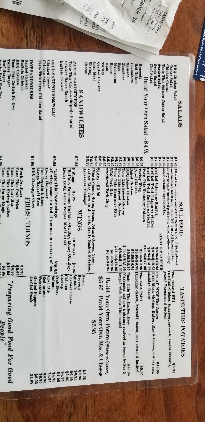 Menu at Taste This restaurant, Baltimore, 102 E 25th St