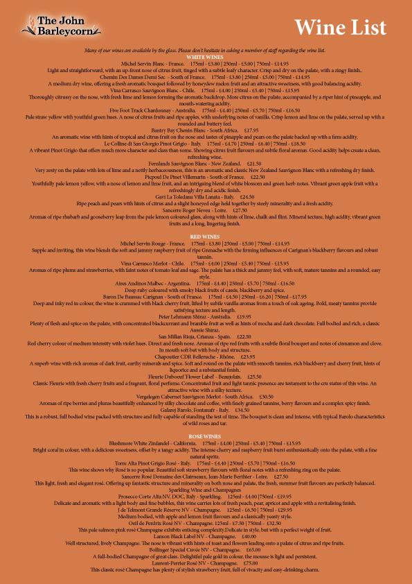 Menu at The John Barleycorn, Harlow