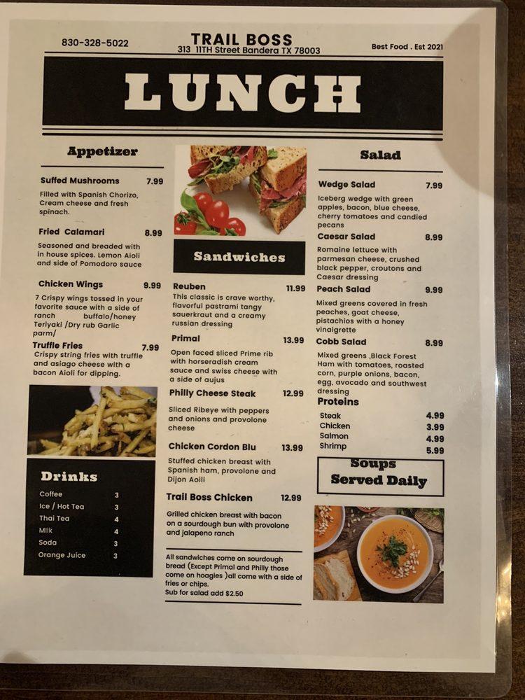 Menu at Trail Boss Steak and Grill steakhouse, Bandera