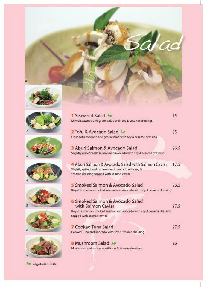 Menu at WA restaurant, Bondi Junction