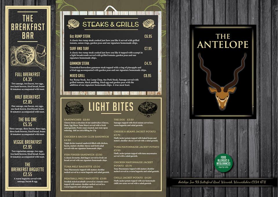Menu at The Antelope Inn pub & bar, Warwick, 93 Saltisford