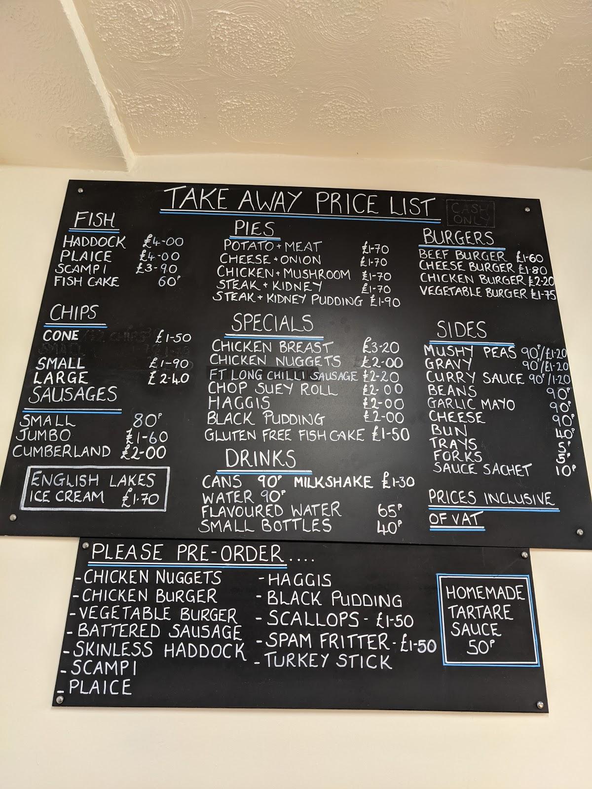 Menu at Chippy Bank fast food, Ulverston