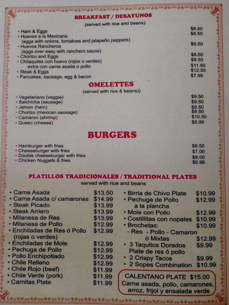 Menu at El Calentano Restaurant, Gardena