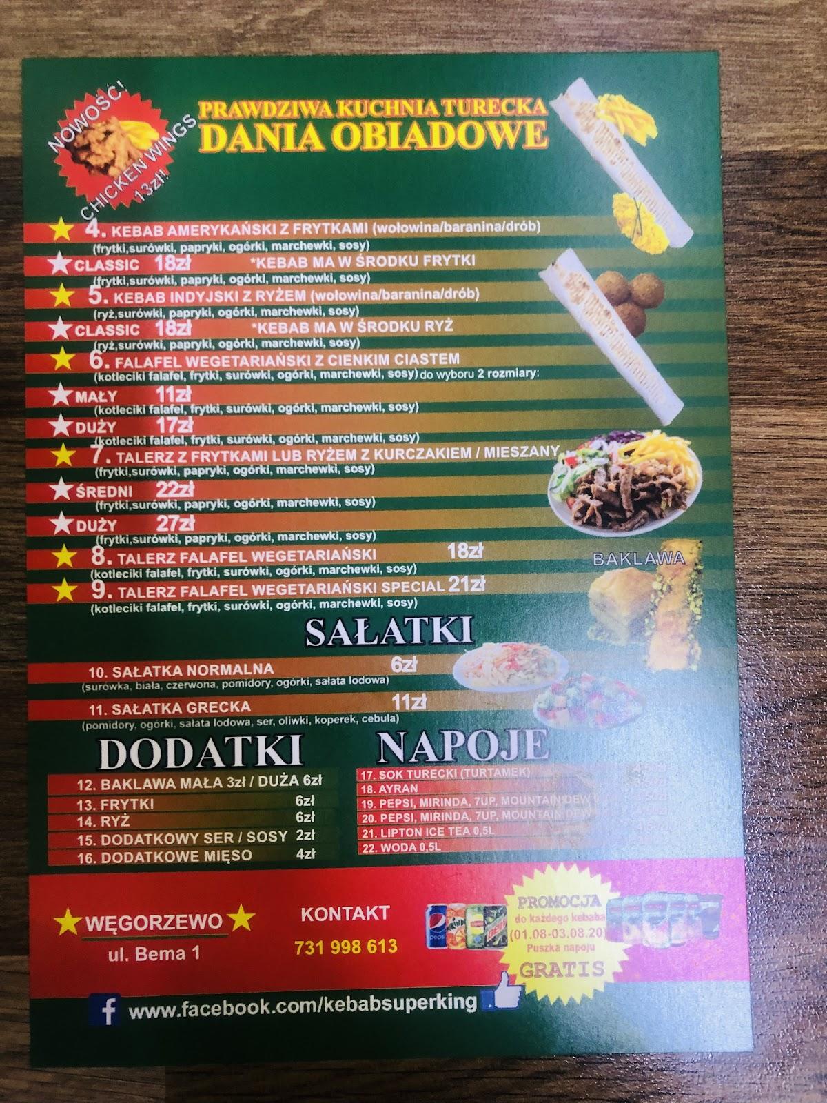 Carta del restaurante Kebab super king wegorzewo, Węgorzewo