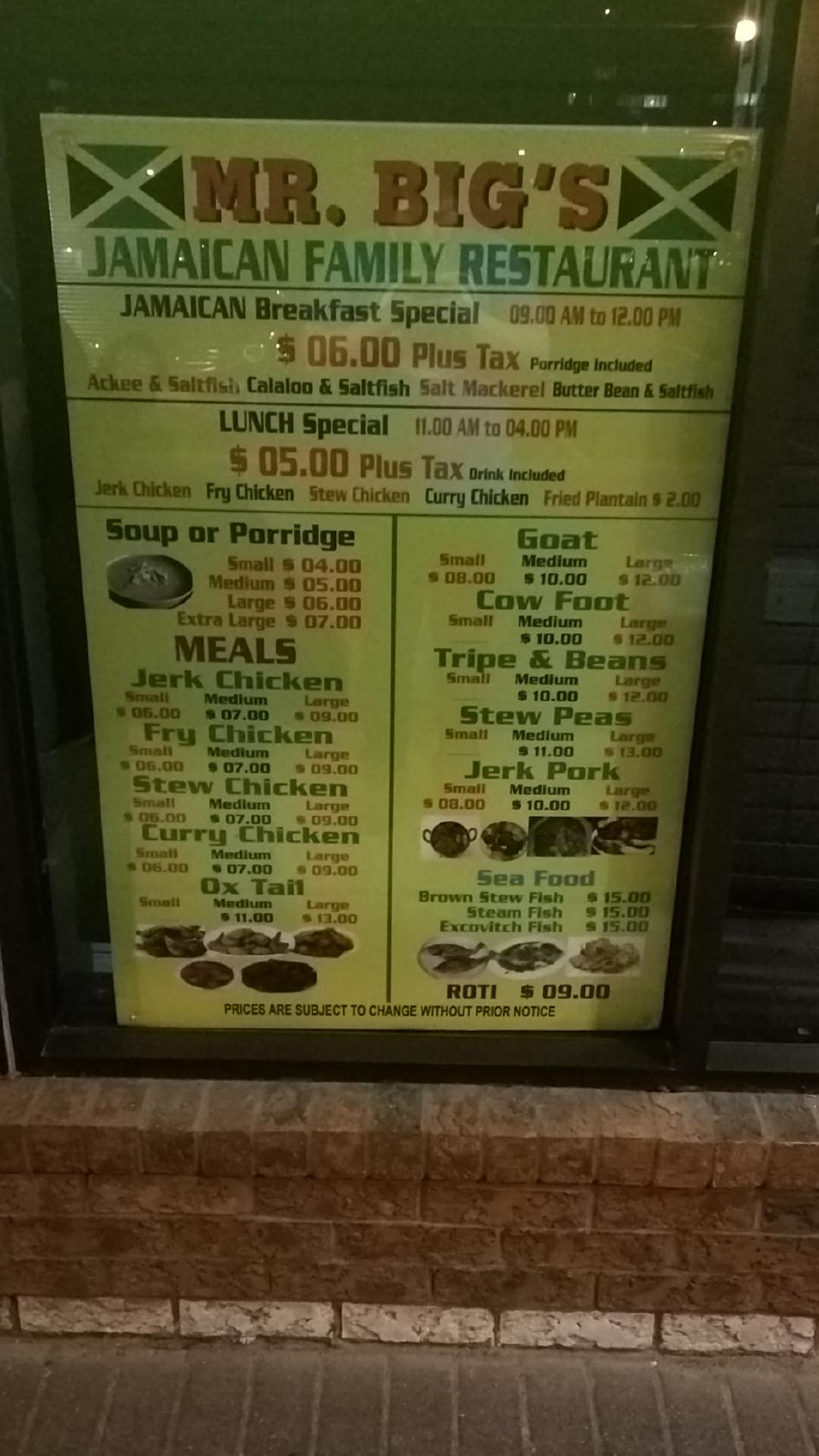 Menu at Mr Big's restaurant, Mississauga