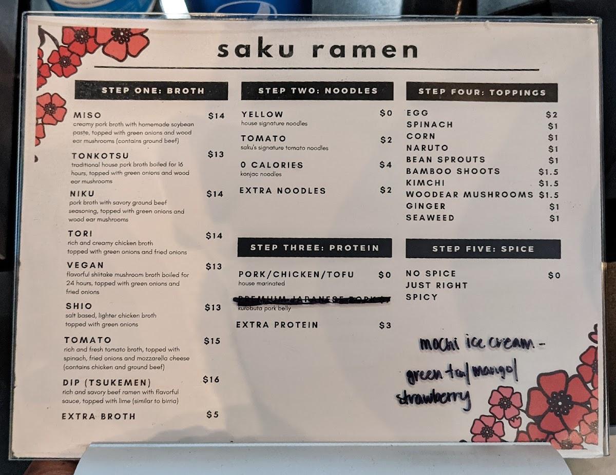 Menu at Saku Ramen restaurant, Riverside