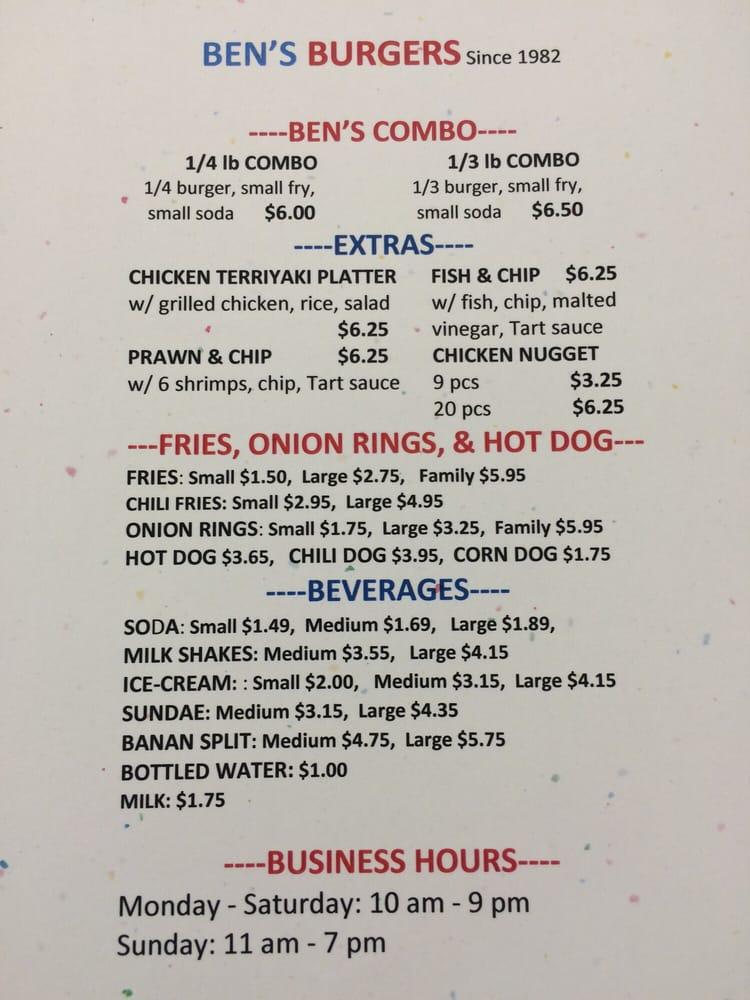 Carta del restaurante Ben's Burgers, Livermore