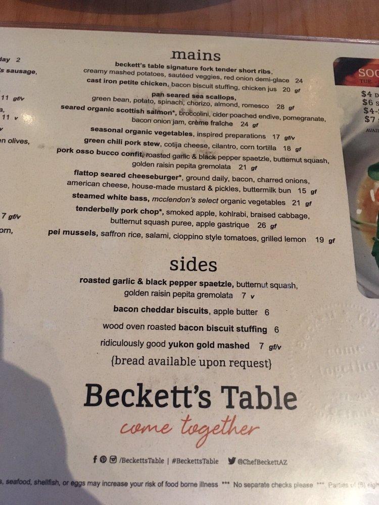 Menu at Beckett's Table restaurant, Phoenix