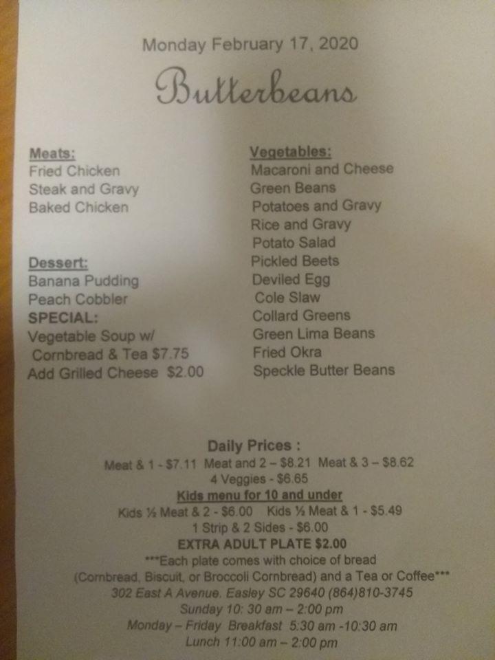 Menu at Butterbeans Restaurant, Easley