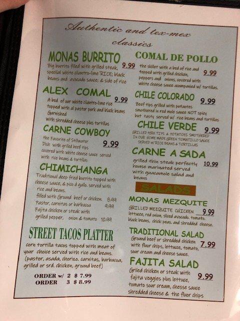 Menu at Cafe Mona, Stillwater