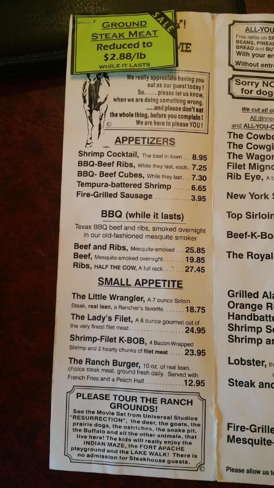 Menu at Cattleman's Steakhouse at Indian Cliffs Ranch, USA, S Fabens ...