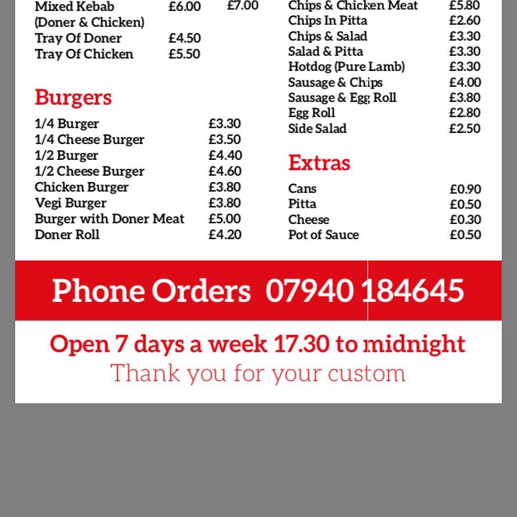 Menu at Kebab van restaurant, Cranfield