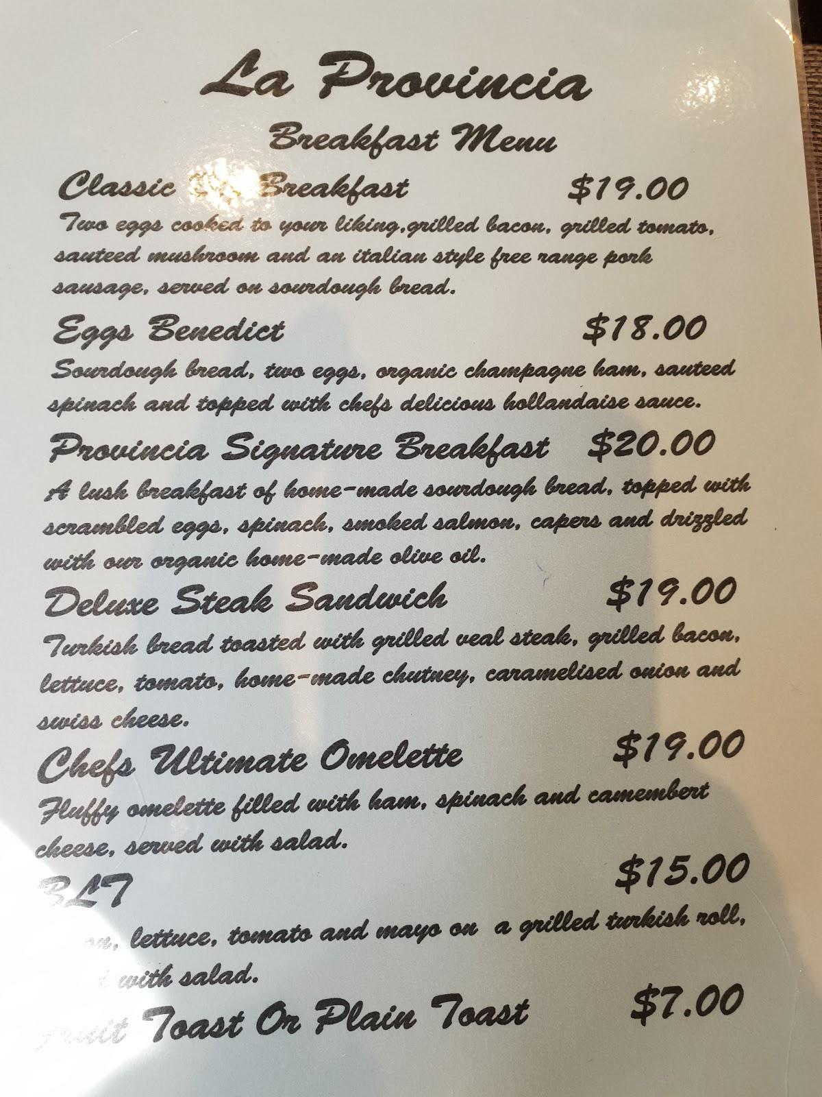 Menu at La Provincia restaurant, Corinella