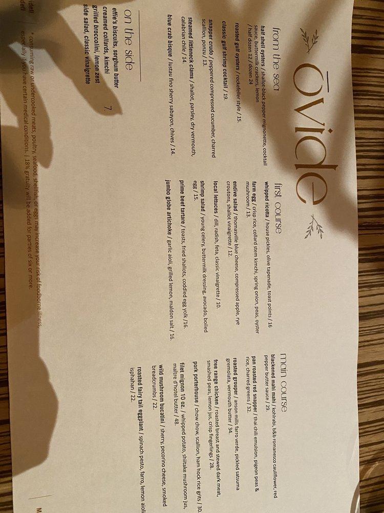 Menu at Ovide restaurant, Miramar Beach, 1 Grand Sandestin Blvd