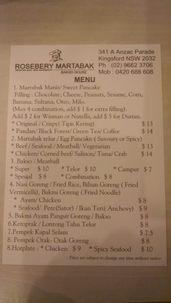Menu at Rosebery Martabak restaurant, Kingsford