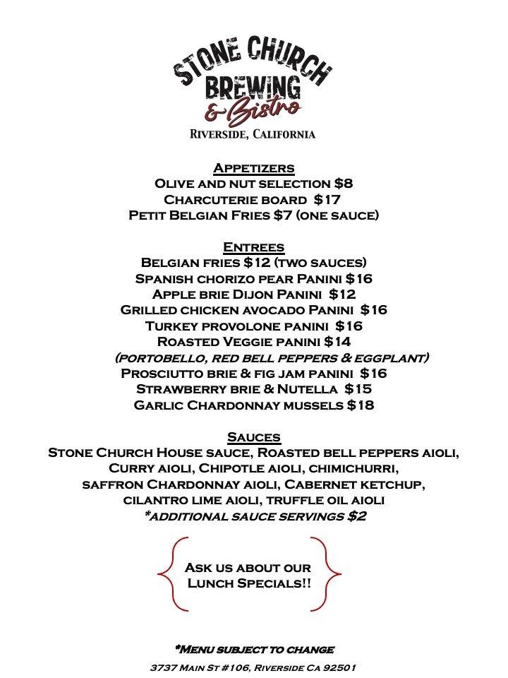 Menu at Stone Church Brewing & Bistro restaurant, Riverside