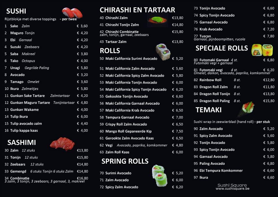 Menu at Sushi Square, Kapelle-op-den-Bos, Mechelseweg 158