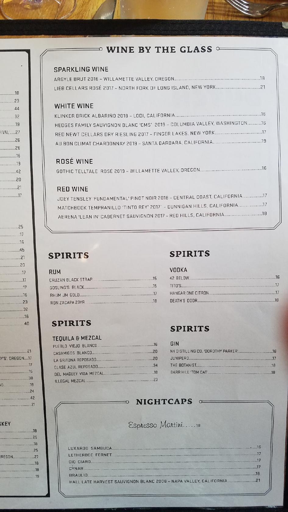 Menu at The Dutch restaurant, New York City, 131 Sullivan St