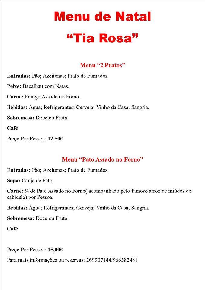 Carta del restaurante Tia Rosa, Melides, Fontainhas Do Mar