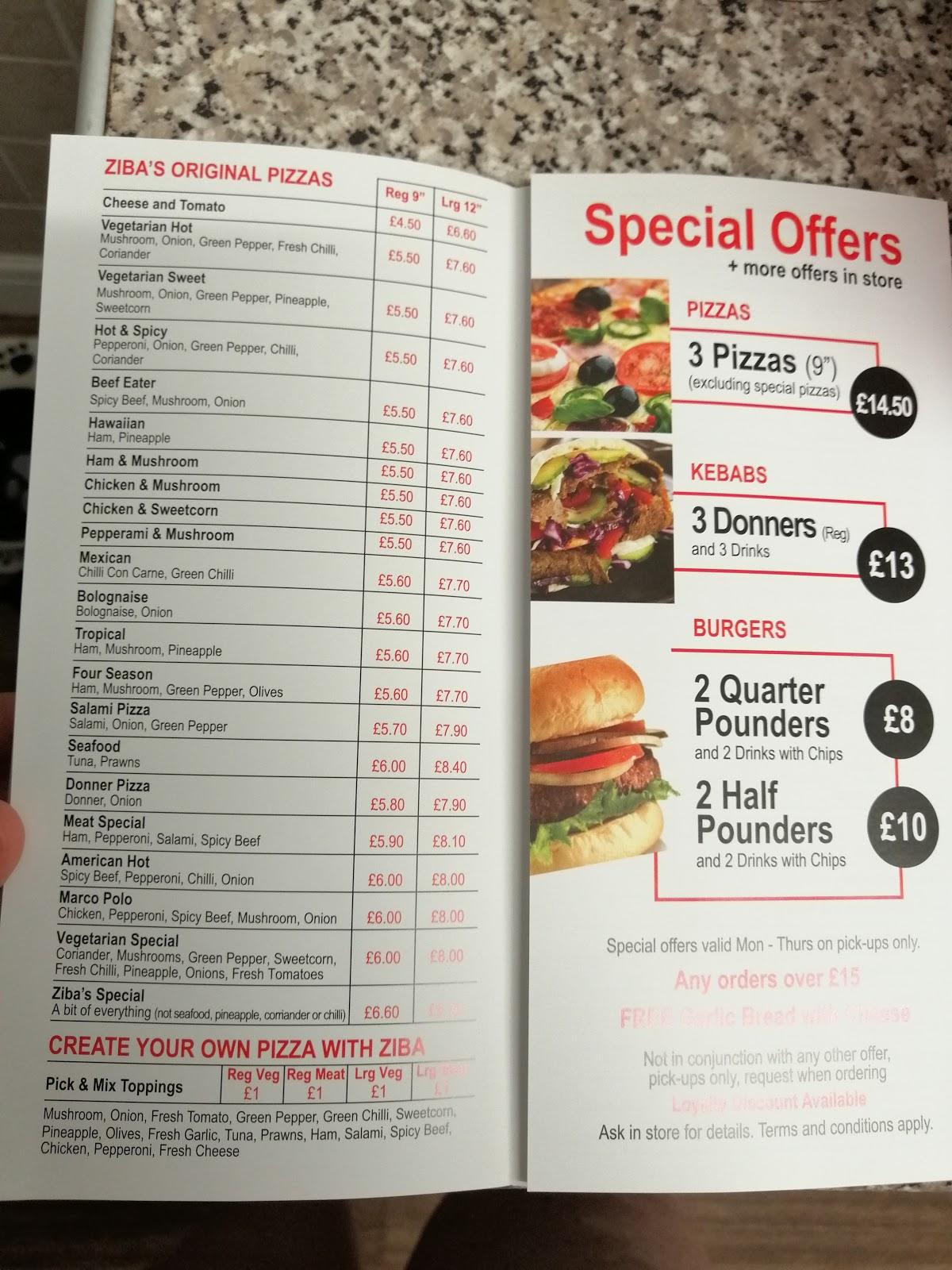 Menu at Ziba fast food, Preston
