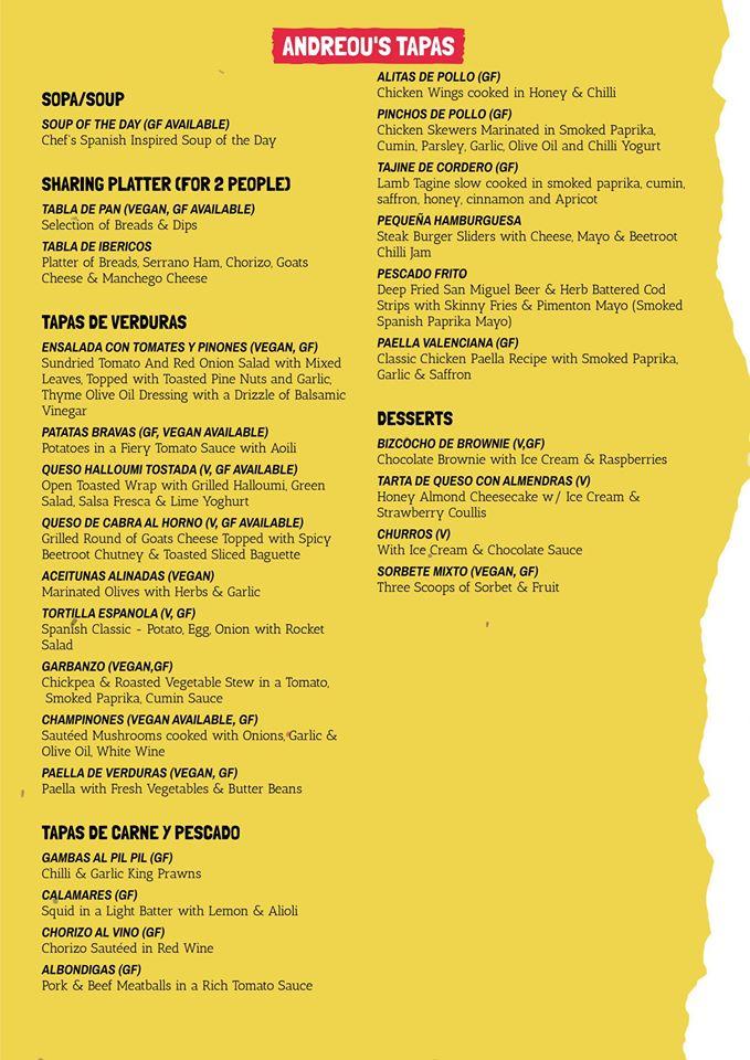 Menu at Andreou's Bistro restaurant, Arbroath