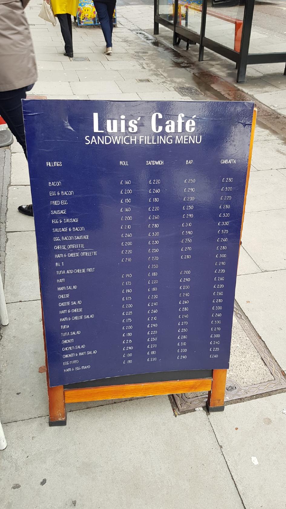 Menu at Luis' Cafè cafe, London