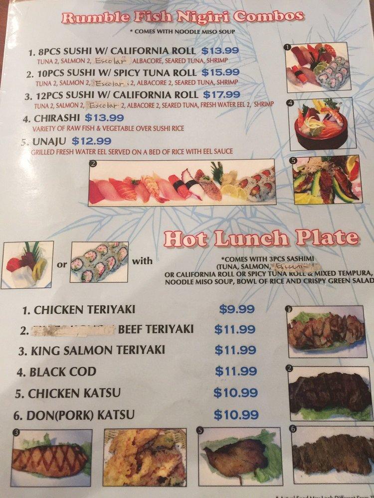 Menu at Rumble Fish Sushi restaurant, Montclair, Moreno St
