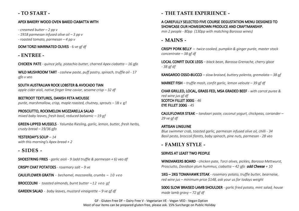 Menu at 1918 Bistro & Grill restaurant, Tanunda