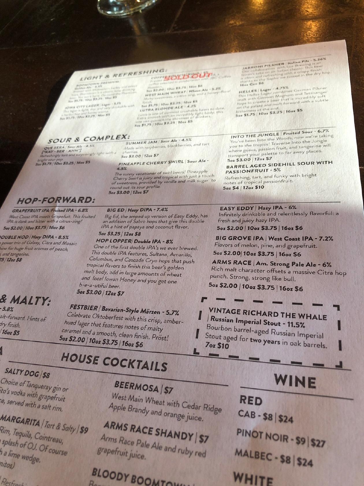 Menu at Big Grove Brewery & Taproom restaurant, Iowa City