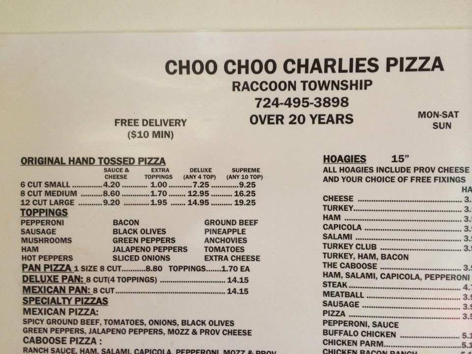 Menu at Choo Choo Charlie's pizzeria, USA