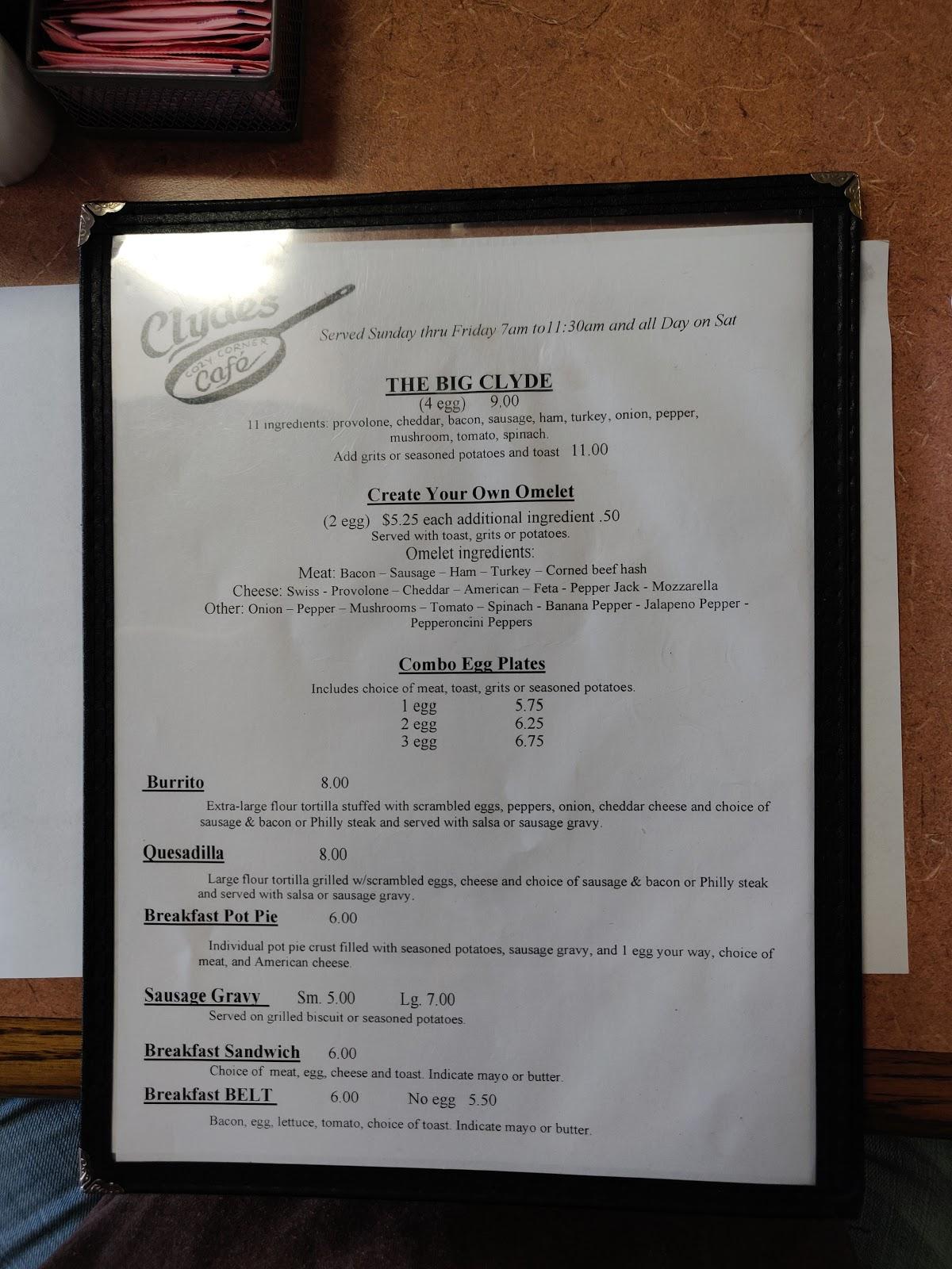 Menu at Clyde's Cozy Corner Cafe, Keystone Heights