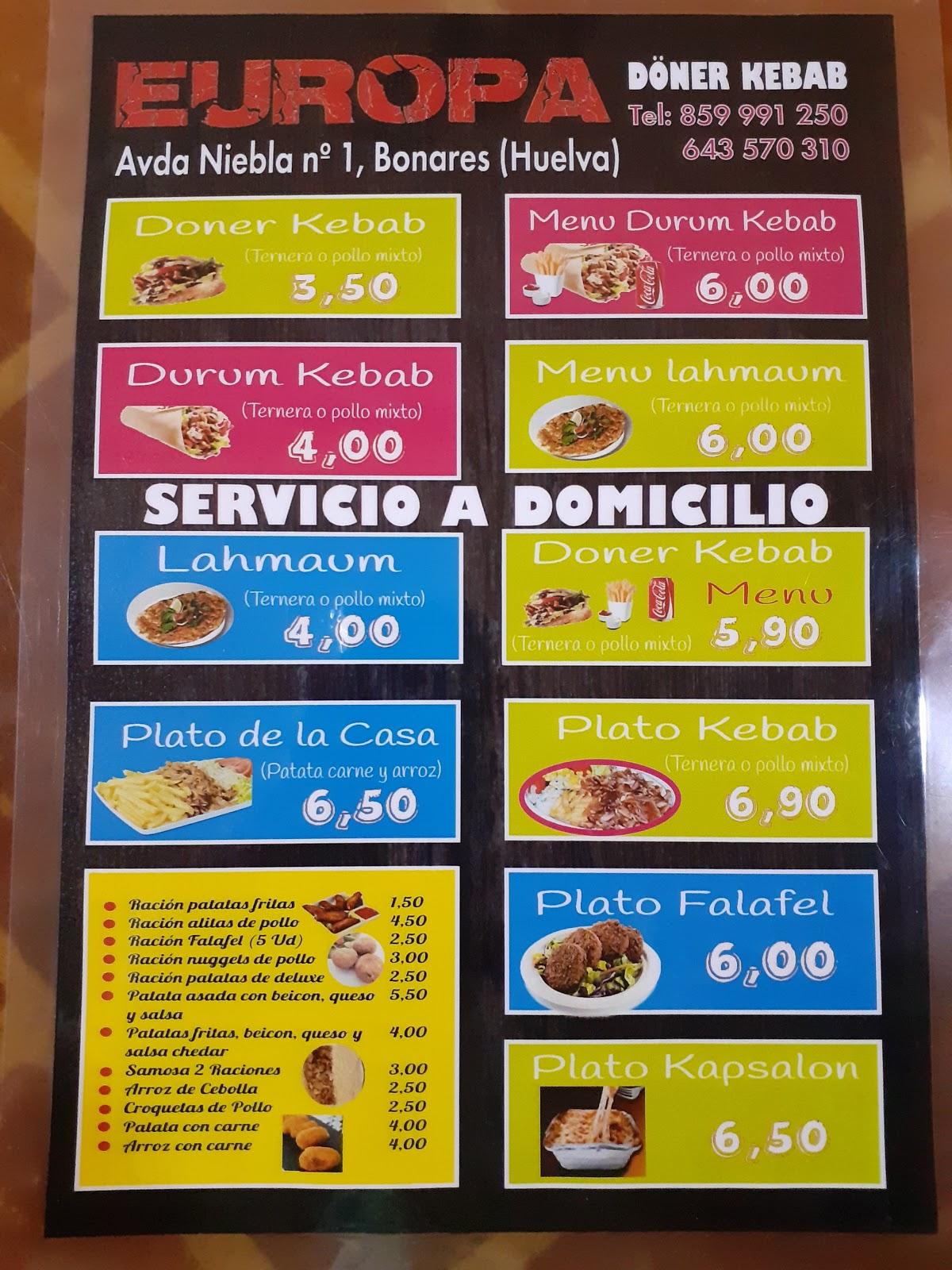 Menu at EUROPA DONER KEBAB restaurant, Bonares
