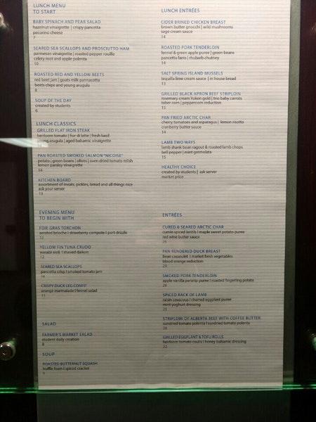 Menu at Ernest's at NAIT restaurant, Edmonton