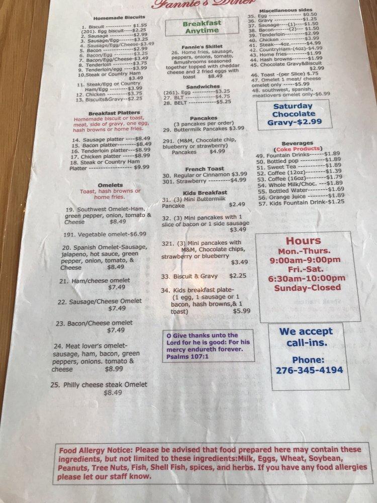 Menu at Fannies restaurant, Doran