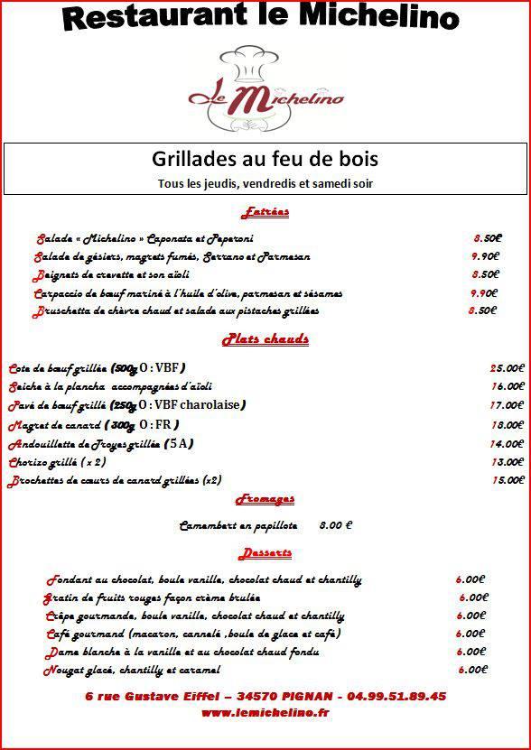 Menu at Le Michelino restaurant, Pignan