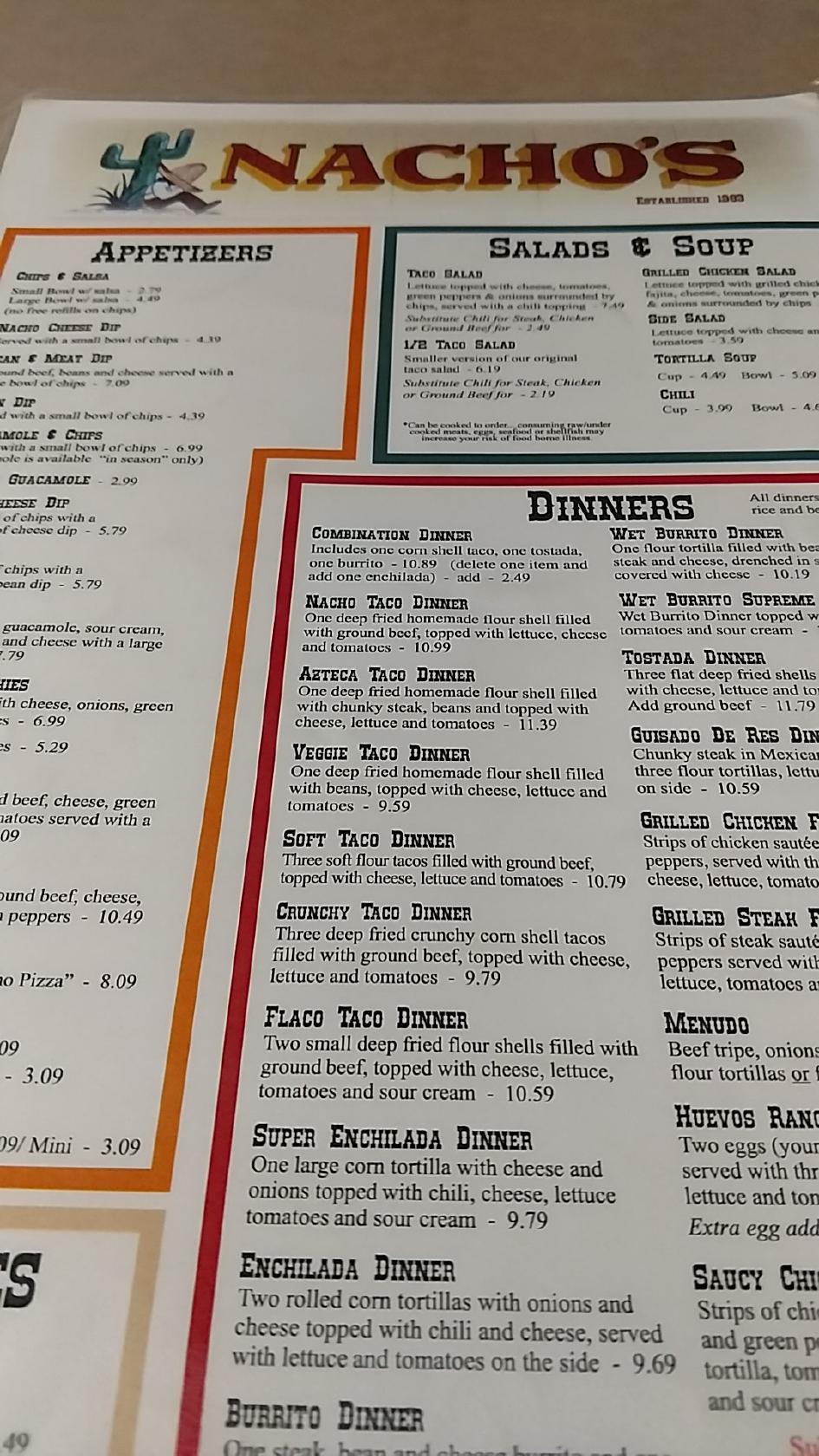 Menu at Nacho's Taco House fast food, Imlay City
