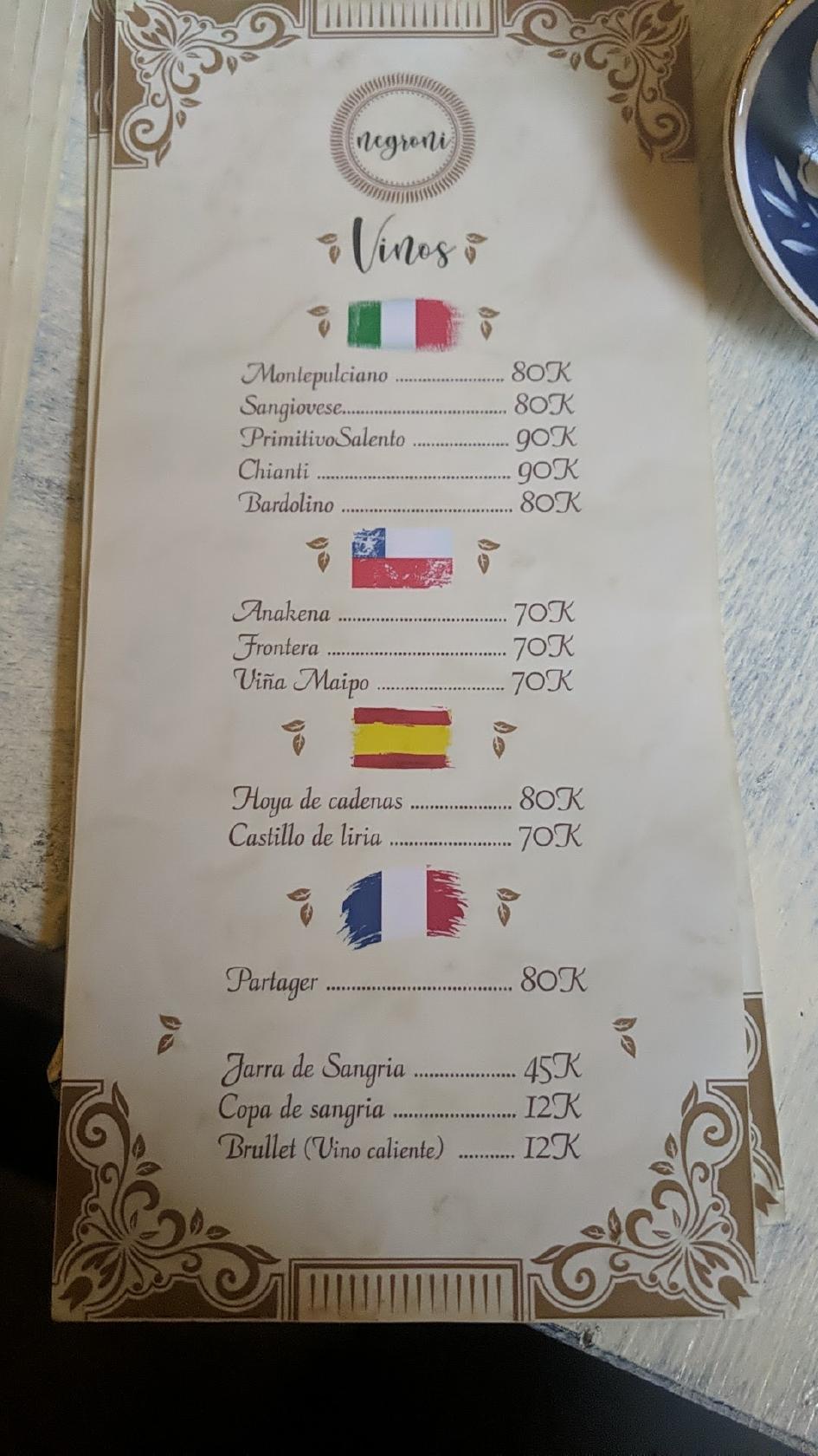 Carta del restaurante Negroni Ristorante, Bogotá