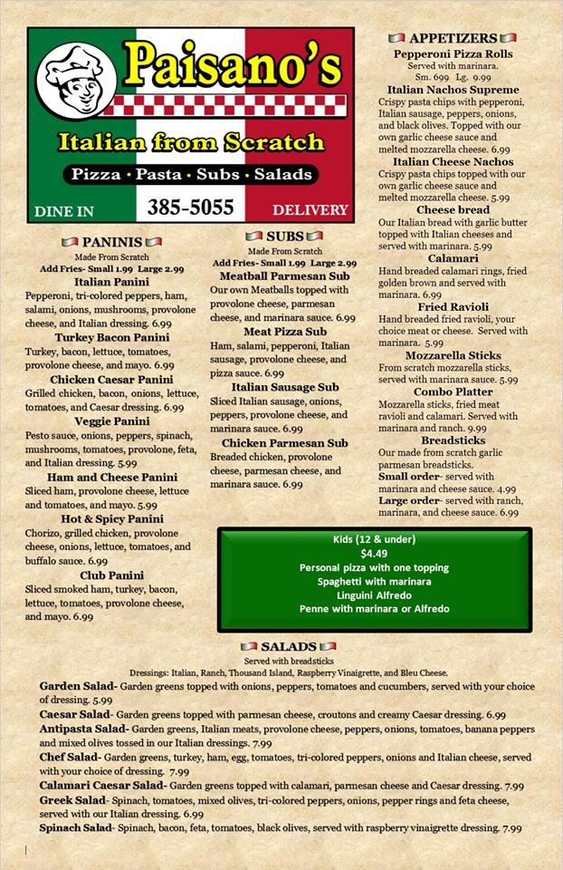 Carta de pizzería Paisano's, Mena