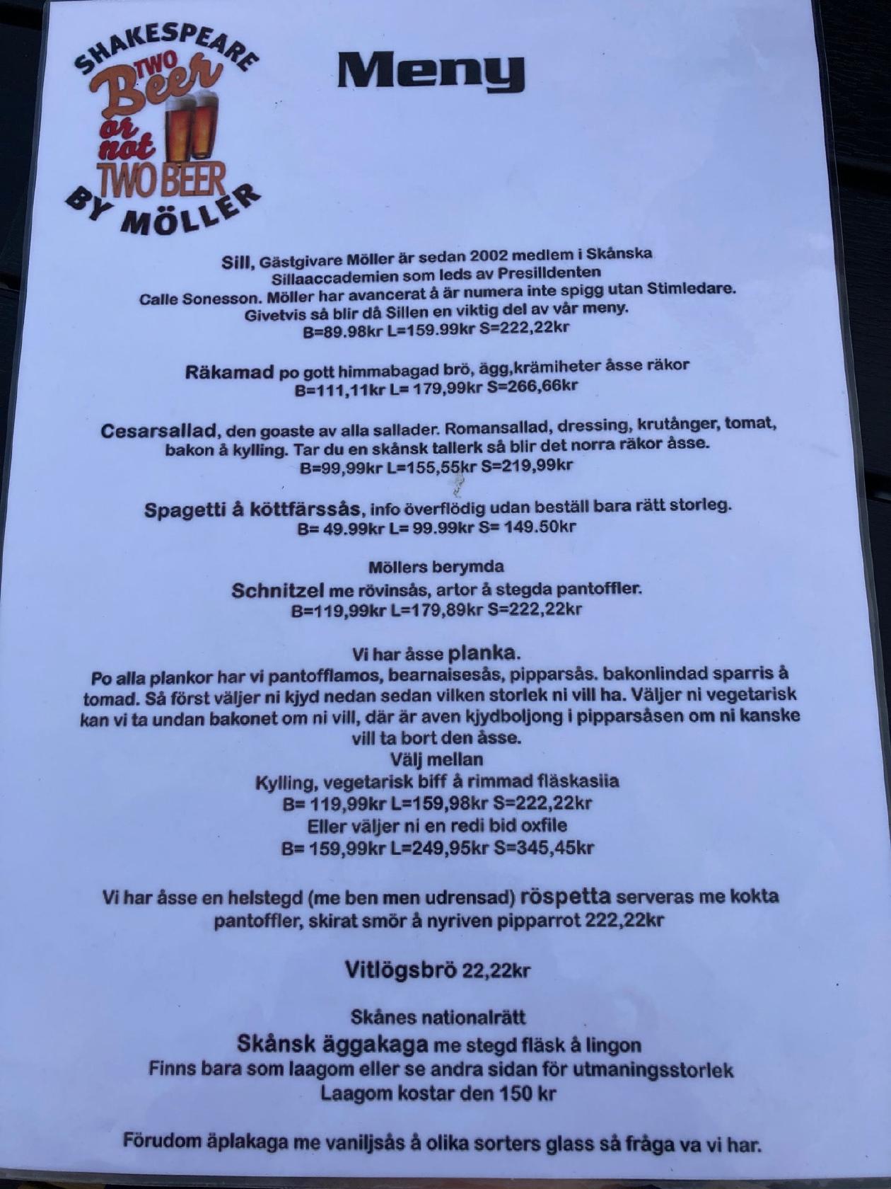 Shakespeare Pub, Höllviken, Falsterbovagen 83 - Restaurant menu