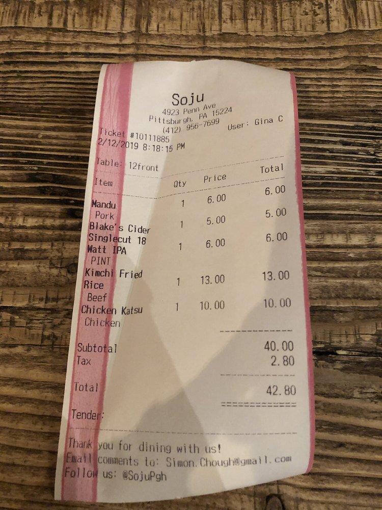 Menu at Soju pub & bar, Pittsburgh