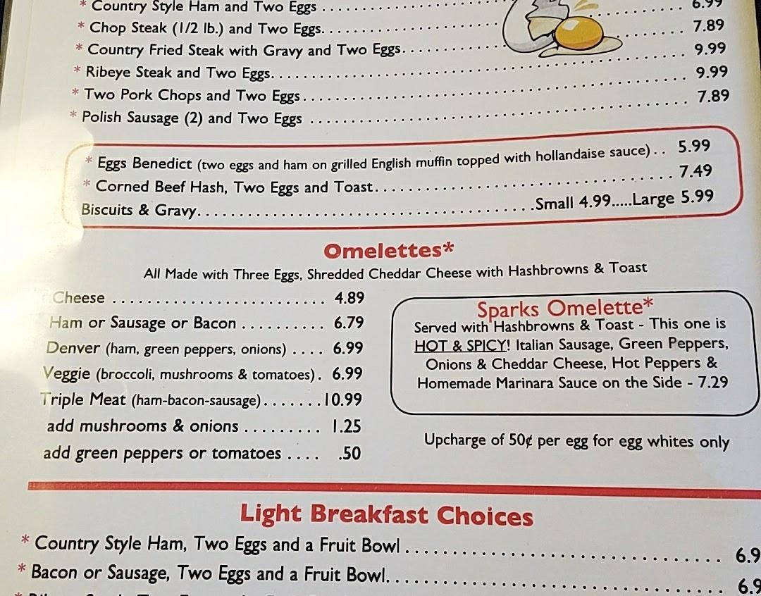 Menu at Sparks Grill restaurant, Montello