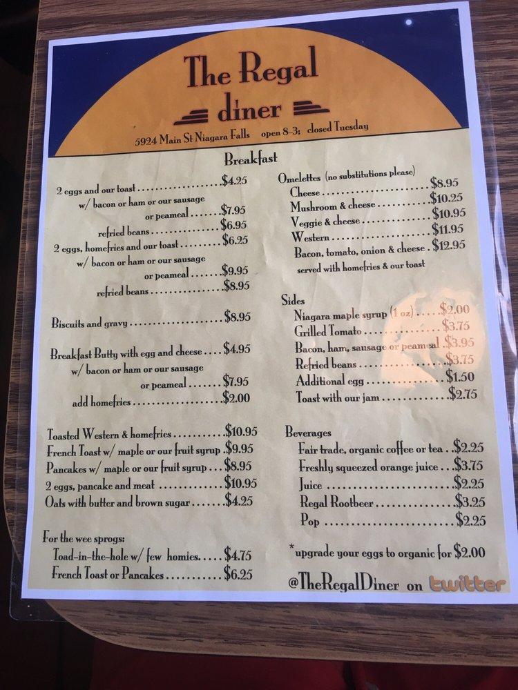 Carta del restaurante The Regal Diner, Niagara Falls