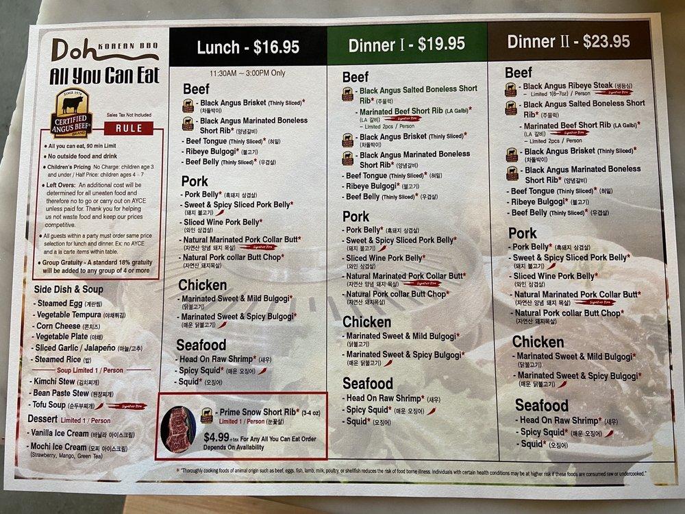 Menu at Doh Korean BBQ (Rainbow), Las Vegas, S Rainbow Blvd