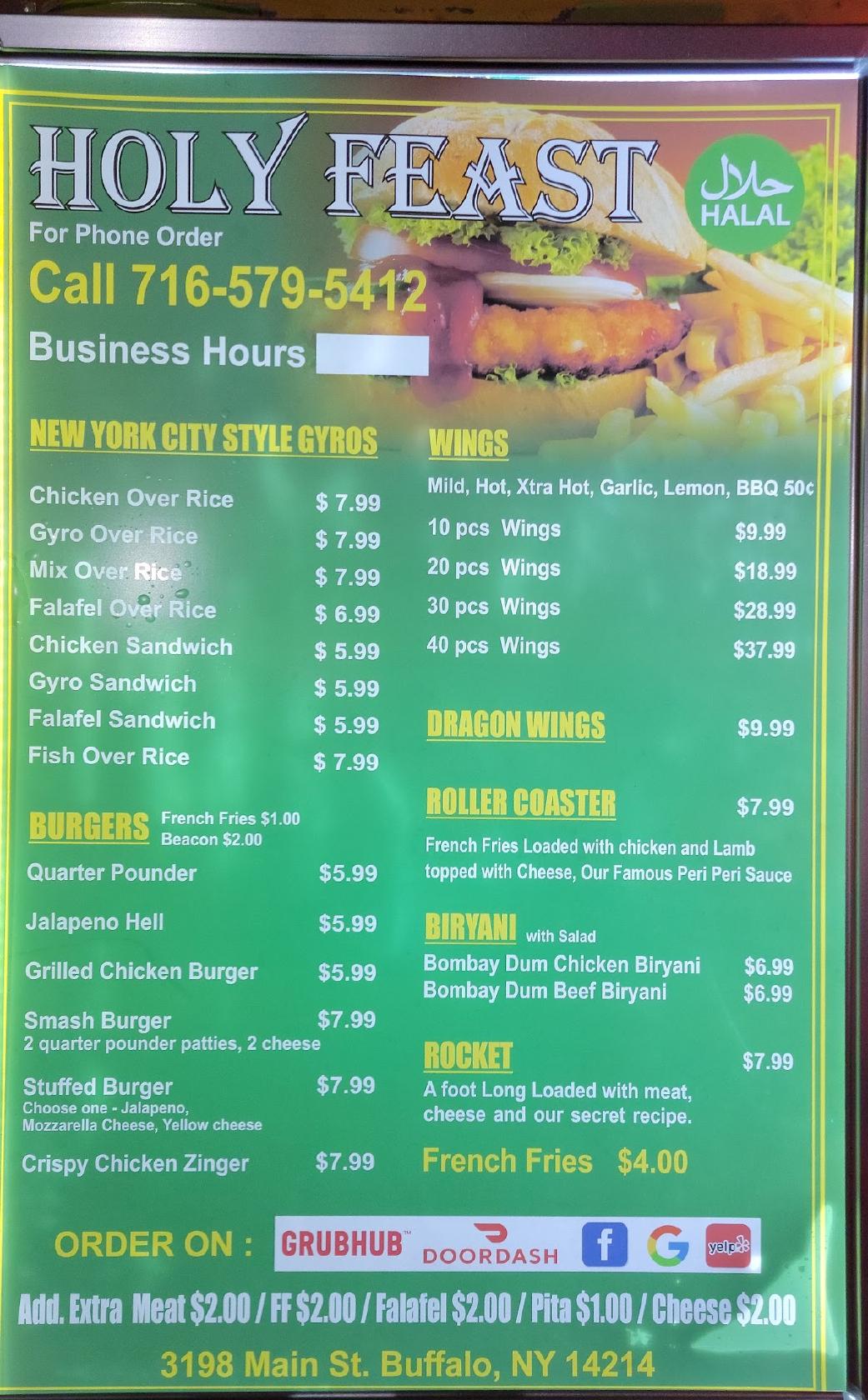 Menu at Holy Feast (Halal) restaurant, Buffalo, Main St