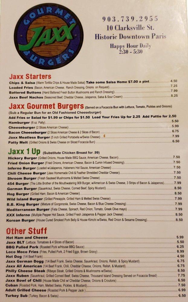 Menu at Jaxx Burgers restaurant, Paris