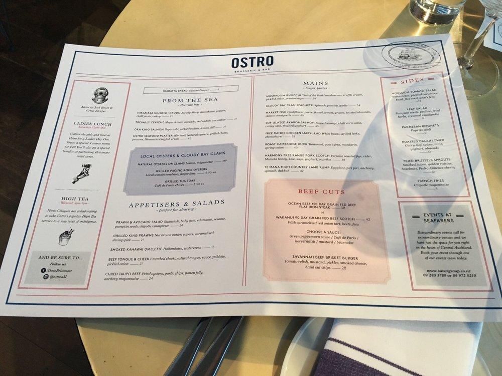 Menu at Ostro Brasserie & Bar, Auckland, 52 Tyler St
