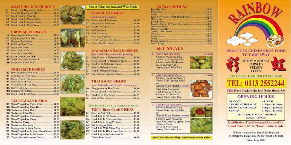 Menu at Rainbow fast food, Pudsey, 48 Town St